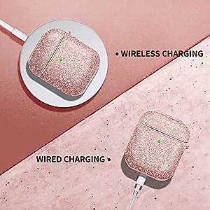 MOLOVA Bling Case for Airpods 1&2 Case,Hard Cover Glitter Rose Gold Luxury Leather with Gold-Plated Frame Shock Proof Cover with Keychain（Rose Gold）