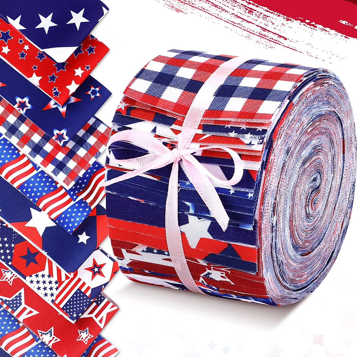 40 Pcs 4th of July Jelly Fabric 2.6 x 40" American Flag Precut Fabric Strips for Quilting Red White and Blue Roll up Patchwork Fabric for Independence Day DIY Sewing Handmade, 8 Styles