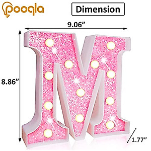 Pooqla LED Marquee Letter Lights, Light Up Pink Letters Glitter Alphabet Letter Sign Battery Powered for Night Light Birthday Party Wedding Girls Gifts Home Bar Christmas Decoration, Pink Letter M