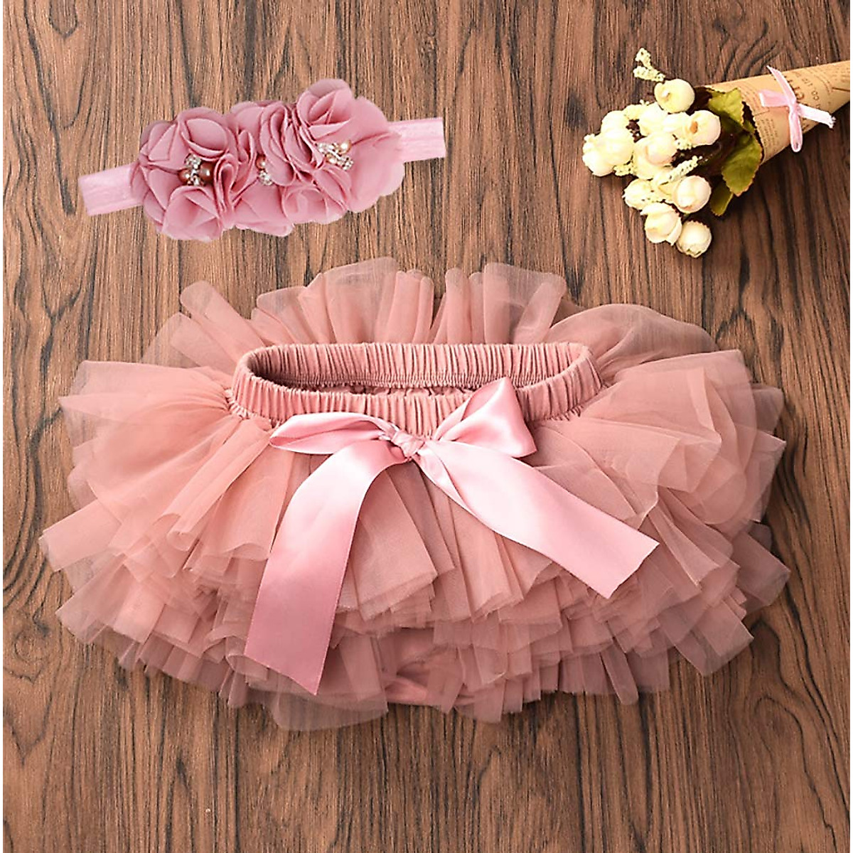 Baby Girls Tutu Skirt Headband Set Toddler Ruffle Tulle Diaper Covers 6-24 Month Bean Sand