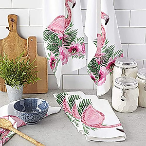 Super Soft and Absorbent Dish Towels 4 Pack, 28”x18”,Flamingo with Tropical Garden Hibiscus Flower Plant Highly Absorbent Microfiber Bar & Tea Towels for Home, Kitchen