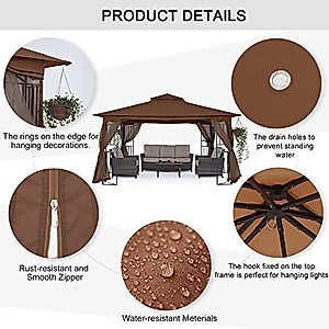 MASTERCANOPY Patio Outdoor Gazebo with Netting Screen Walls and Corner Shelf Design (11x13,Brown)