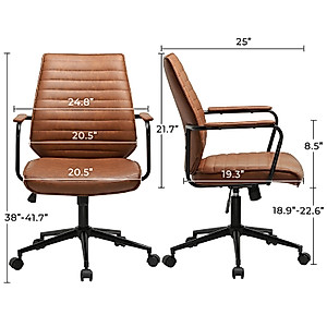 Brown Leather Office Chair, Ergonomic Mid-Back Executive Conference Task Chair, Ribbed Height Adjustable Swivel Rolling Chair for Home Office (Brown)