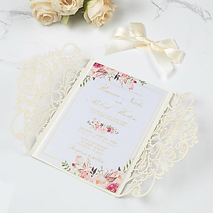 Maffily 50pcs Gold Glitter Laser Cut Invitation Pocket Blank Wedding Invitations with Envelopes And Rsvp Cards Ribbons for Wedding Quinceanera Bridal Shower Engagement Party Invite