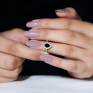 Certified Black Spinel Diamond Halo Engagement Ring, AAA Quality, Black Spinel 5X7mm Pear Shape Ring - Ready To Gift, 14K Yellow Gold, Size:US 7.50