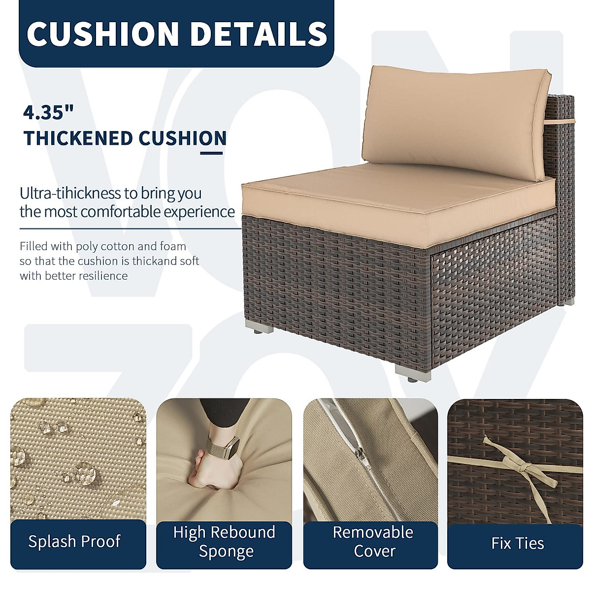 VONZOY Outdoor Patio Furniture Set 7 Pieces Sectional Rattan Sofa Set, PE Rattan Wicker Patio Conversation Set with 6 Seat Cushions and 1 Tempered Glass Table and Furniture Cover, Brown