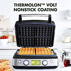 GreenPan Elite 4-Square Belgian & Classic Waffle Iron, Healthy Ceramic Nonstick Aluminum Dishwasher Safe Plates, Adjustable Shade/Crunch Controls, Wont Overflow, Easy Cleanup Breakfast, Black