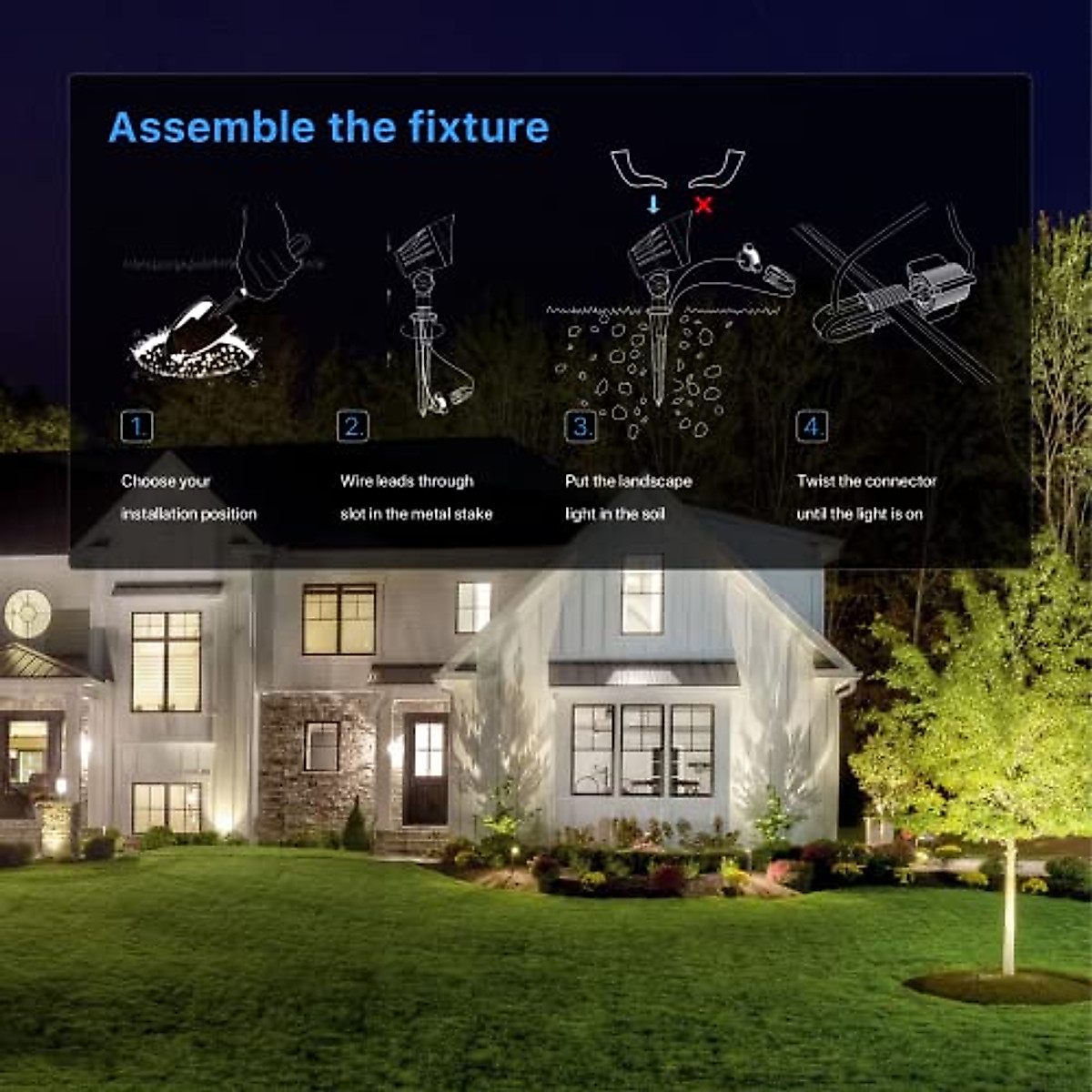 GOODSMANN Low Voltage Spotlights Landscape Lighting 5W LED 400 Lumen Outdoor Floodlights 2700K Warm White Replaceable MR16 LED Outside Hardwired Lighting with Metal Stake Cable Connector