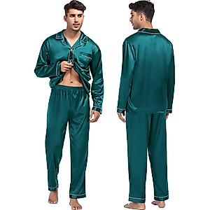 SWOMOG Women & Men Satin Pajamas Set Couple Matching Pajamas Long Sleeve Sleepwear Button Down Loungewear 2 Pcs Pj Set Women Green Medium