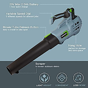 WORKPRO 20V Cordless Leaf Blower, Electric Gardening Tool Powered Sweeper, with 2.0Ah Battery and 1 Hour Quick Charger Included