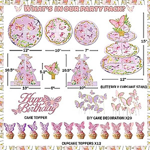 34 PCs Butterfly Cupcake Stand 3-Tier and Topper Set, Fiesec Floral Butterfly Birthday Party Decorations Baby Shower Supplies Cardboard Dessert Tower Holder Round Serving Stand 3D Butterfly for Girl