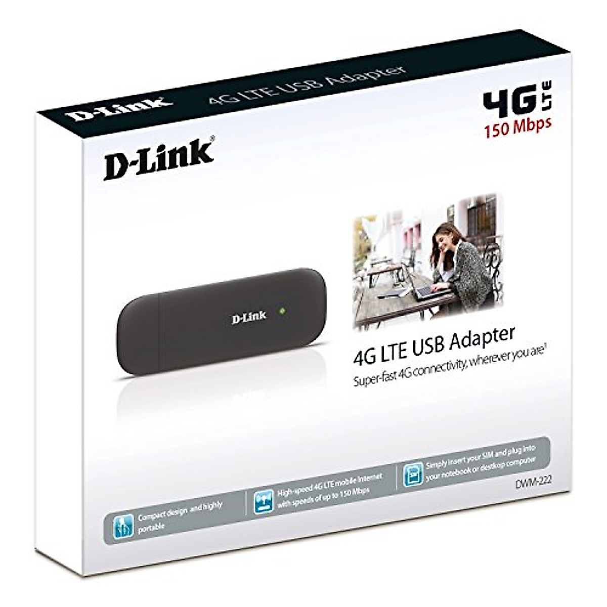 D-Link DWM-222 4G LTE Class 3 USB Adapter with Integrated Antenna for Windows XP/Vista/7/8, Mac OS X 10.5 - Black