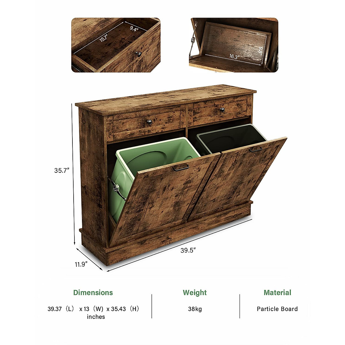 TC-HOMENY Tilt Out Trash Cabinet with Drawer, Free Standing Trash Can Cabinets, Manual and Auto Mode Shutdown Cabinet Door, Recycling Can Cabinet Home, Kitchen, Living Room