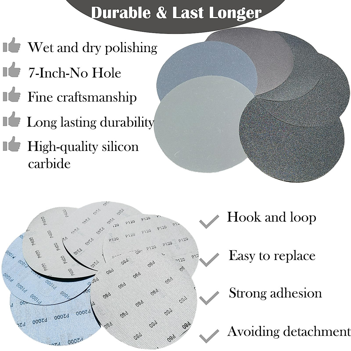 Tonmp 30 PCS 7 Inch Hook-and-Loop Sanding Silicon Carbide Discs Sandpaper - 5 pcs Each of 80 120 240 400 1000 and 2000 Grits Wet/Dry Sander Paper for Random Orbit Sander