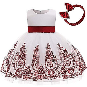 AVAZU 0-6T Easter Big Bowknot Pageant Lace Embroidery Dress Toddler Baby Girls Party Ball Gown Dress Tutu Gown Formal Dresses with Headwear Red+White 70