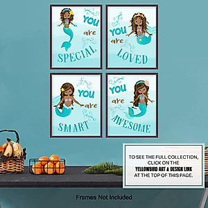 African American Girl Wall Decor - Black Art Poster Set 8x10 - Cute Mermaid Wall Decor - Toddler, Little Girls Bedroom Decor - Afro-American Gifts - Light Blue Room Decor Baby Girl Room Decorations