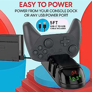 TALK WORKS 5-in-1 Game Controller Charger Station Compatible with Nintendo Switch + Switch OLED - Charging Dock for 4 Joy-Con Controllers & 1 Pro Controller - Includes 5-Foot USB-C Cable