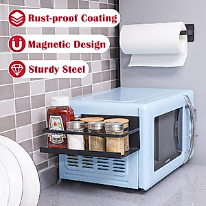 NiHome 2-Pack Magnetic Kitchen Organizer Racks (Spice Rack+Paper Towel Holder), Space Saving Drill-Free Multifunctional Magnetic Backing Refrigerator Metal Surface Rack Storage Shelf Towel Bar (Black)