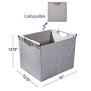 HOONEX Large Foldable Storage Bins, Linen Fabric, 2 Pack, with Wooden Carry Handles and Sturdy Heavy Cardboard, for Home, Office, Car, Nursery, Light Grey