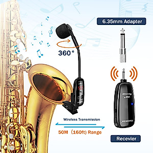 XIAOKOA UHF Wireless Instruments Microphone,Saxophone Microphone,Wireless Receiver and Transmitter,160ft Range,Plug and Play,Great for Trumpets, Clarinet, Cello