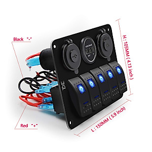 FXC Waterproof Marine Boat Rocker Switch Aluminum Panel 5 Gang with Dual USB Slot Socket 3.1A + Volt Meter Blue LED Light for Car Rv Vehicles Truck (KG0149-5B Blue)