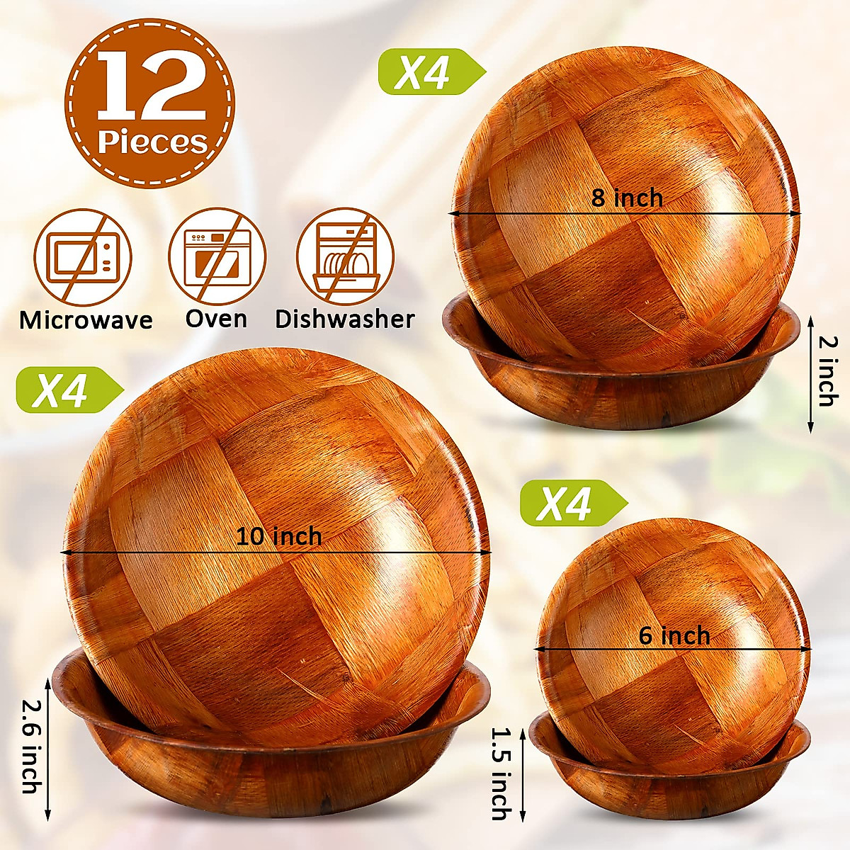 Didaey 12 Pcs Wooden Salad Bowl Set Wooden Bowls for Snack Wood Salad Bowl Set Stackable Round Serving Bowl Wooden Woven Salad Bowl for Kitchen Meal Party and Salad Fruit Vegetable Snack, 6/8/10 Inch