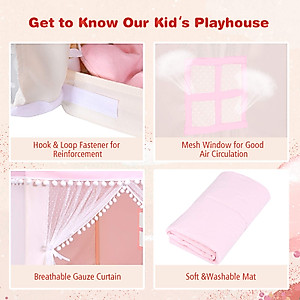 Costzon Kids Play Tent, Large Playhouse w/Washable Mat, Windows, Solid Wood Frame, Indoor Outdoor Princess Tent for Children Boys & Girls, Castle Fairy Tent, Holiday Birthday Gift (Pink)
