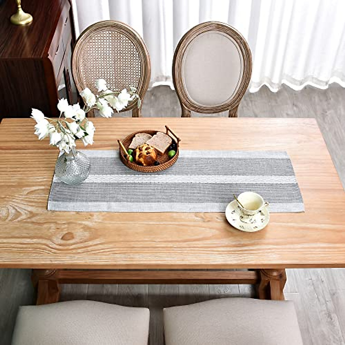 Farmhouse Braided Striped Table Runner Rustic Embroidery Coffee Table Runners for Decorations Weddings Holiday Grey 13x36inch