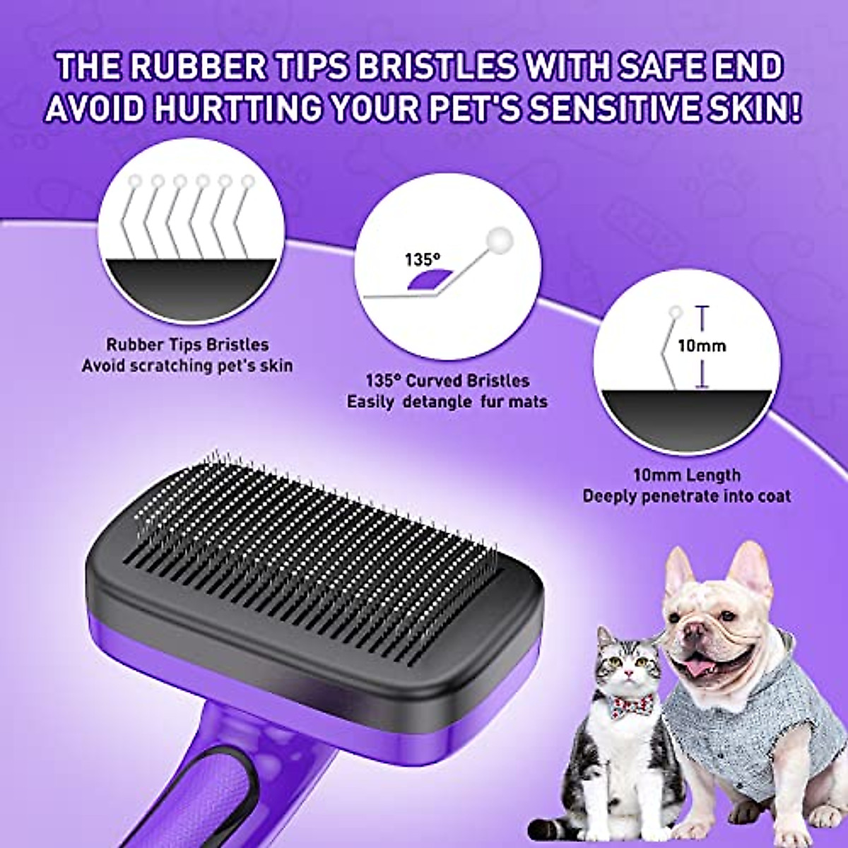 Pet Self Cleaning Slicker Brush for Shedding & Grooming Long Short Haired Dogs, Cats Retractable Brush for Large and Small Gently Removes Loose Undercoat, Mats Tangled Hair from Pet's Coat - Purple