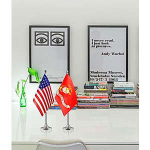 WXTWK 2 Pack American USA Marine Corps USMC Desk Flag Small Mini US Military Table Flags With Stand Base,United States Army Festival Events Celebration Decorations