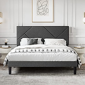 SHA CERLIN Full Size Upholstered Bed Frame with Geometric Headboard, Heavy-Duty Platform Bed Frame with Wood Slats Support, Mattress Foundation, No Box Spring Needed, Easy Assembly, Dark Grey