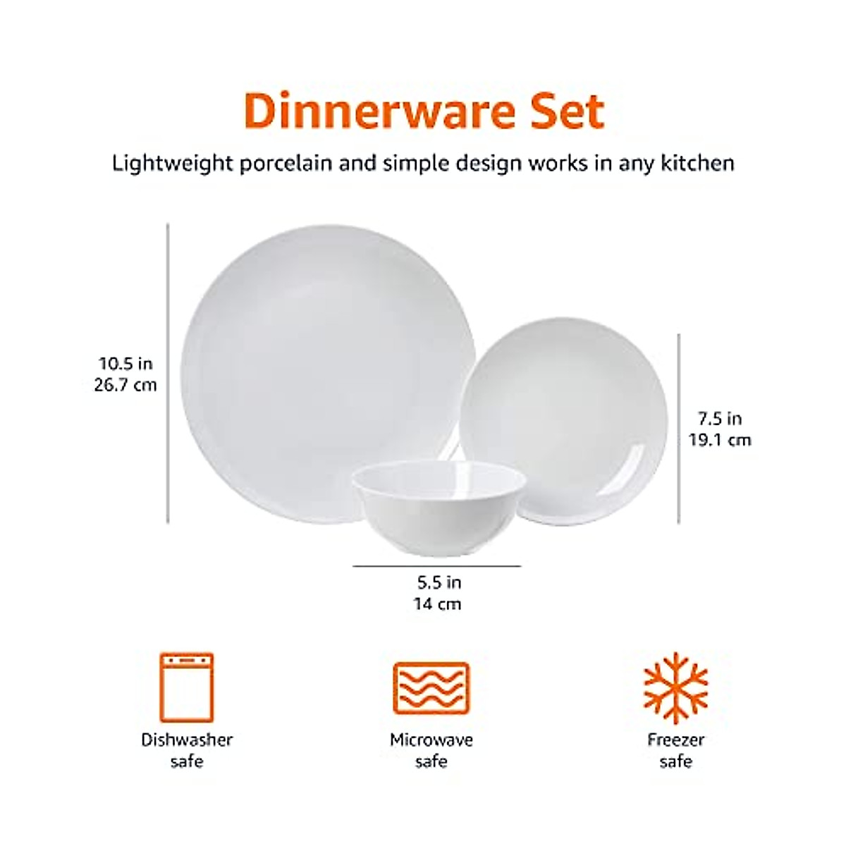 Amazon Basics 18-Piece Kitchen Dinnerware Set, Plates, Dishes, Bowls, Service for 6, White Porcelain Coupe