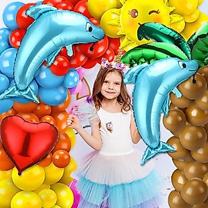 157 Pcs Summer Heart Sun Dolphin Waves Palms Party Balloon Garland Arch Kit, Summer Theme Party Palm Tree Leaves Balloons Yellow Orange Balloons Arch Dolphin for Music Theme Party Decorations