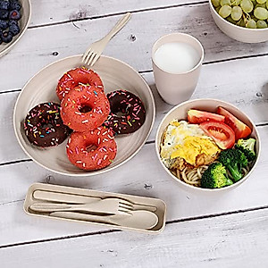 Wheat Straw Dinnerware Sets, 28PCS Plastic Plates and Bowls Sets College Dorm Room Essentials Dishes Set with Cutlery Set Microwave Safe (Beige)