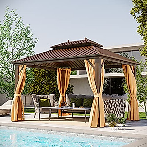 GAZEBEST 10'x12' Hardtop Gazebo Outdoor Aluminum Patio Gazebo Double Roof Galvanized Steel Gazebo Canopy with Netting and Curtains,for Garden Patio,Patio Backyard,Deck and Lawns