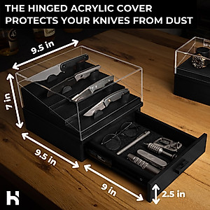 Luxury Knife Display Case for Fixed Blades and Pocket Knives – Large Drawer & Solid Wood Pillars – Wooden Knife Box – Display ESEE Knives, Benchmade, WESN and More – Christmas Gift for Men