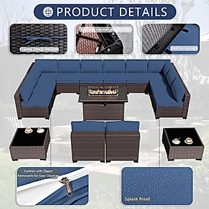 ASJMR Outdoor Patio Furniture Set with Gas Fire Pit Table, 13 Pieces Patio Sectional Sofa w/43in Propane Fire Pit, PE Wicker Rattan Patio Conversation Set - Navy