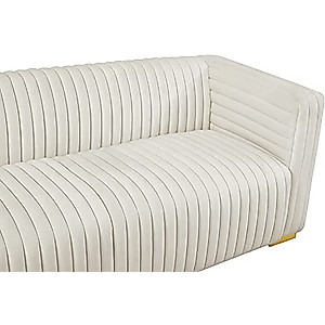 Meridian Furniture 640Cream-S Ravish Collection Modern | Contemporary Velvet Upholstered Sofa with Deep Channel Tufting + Both Gold & Chrome Legs Included