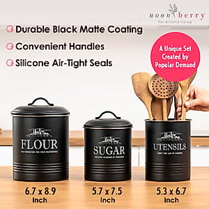 noonberry Black Canisters for Kitchen Counter, Set of 3 - Airtight Sugar and Flour Containers & Kitchen Utensil Holder, Rustic Farmhouse Canister Set for Kitchen Countertop