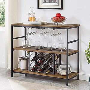 FOLUBAN Wine Rack Table with Glass Holder and Wine Storage, Industrial Rustic Wood and Metal Bar Buffet Cabinet, Oak