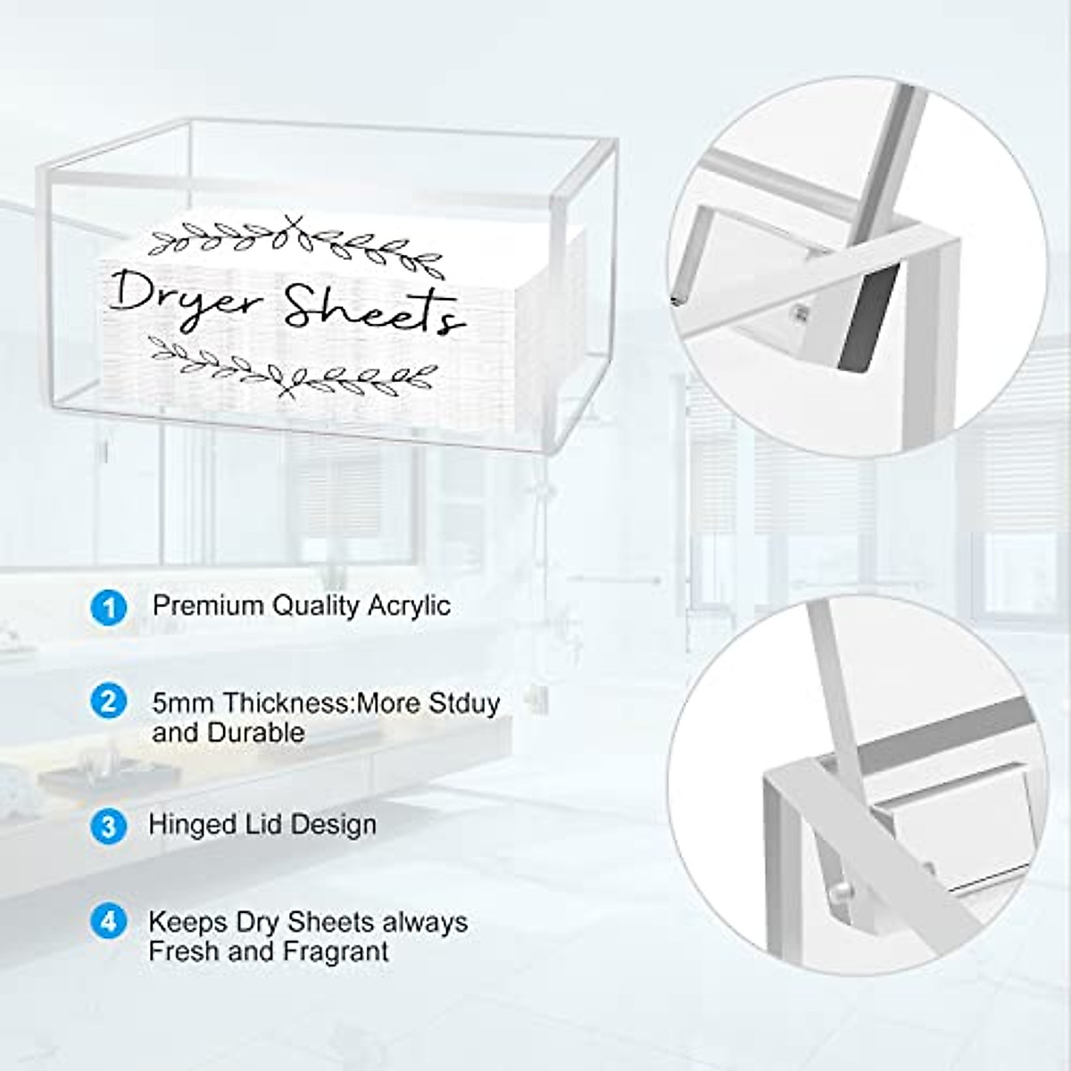 Laundry Dryer Sheet Container with Lid- Clear Acrylic Dryer Sheet Dispenser for Storage Fabric Softener Sheets, Transparent Container Storage Box Dryer Sheet Holder for Laundry Room Organization