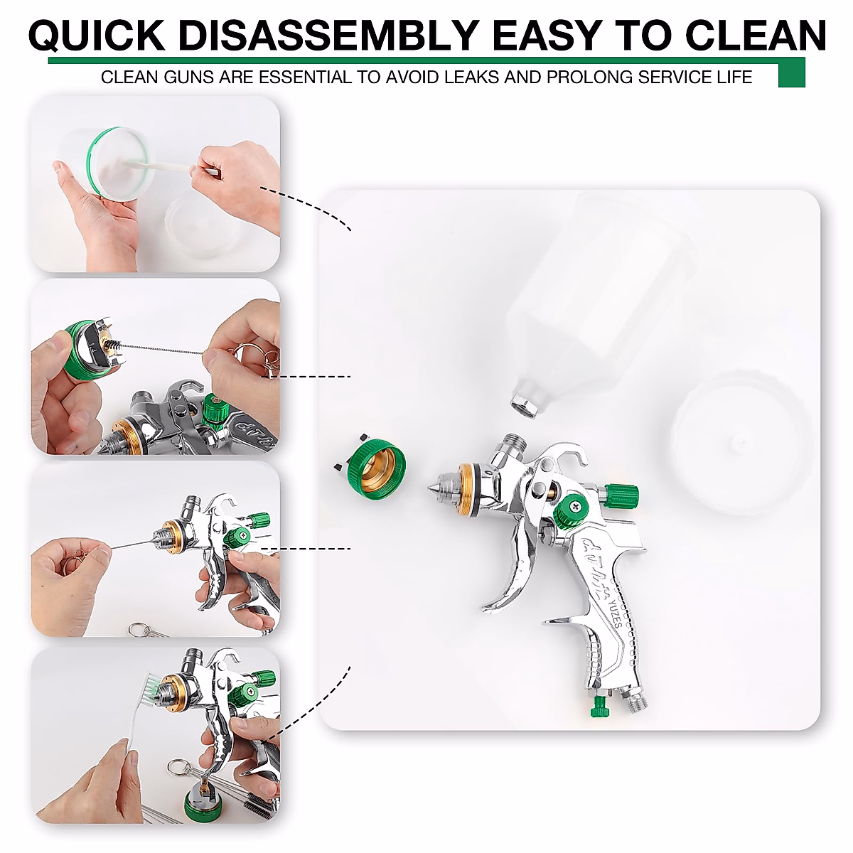 YUZES HVLP Spray Gun with 1.4/1.7/2.0mm Copper Nozzles, Automotive Paint Gun Set, Spray Paint Gun with Air Regulator and 10 PCS Paper Funnel, Paint Gun for Cars Primer, Furniture, DIY (Green)