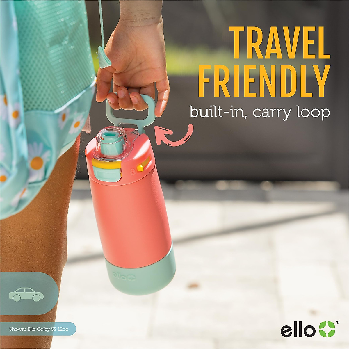 Ello Kids Colby 12oz Stainless Steel Insulated Water Bottle with Straw and Built-In Silicone Coaster (Lilac/Pink)