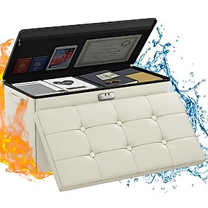 ENGPOW Storage Ottoman Bench,Fireproof Folding Storage Bench with Lock,30 Inches Fire＆Water Resistant Storage Chest Foot Rest Stool Leather Bedroom Bench with Storage Safe for Document,Valuables,Beige