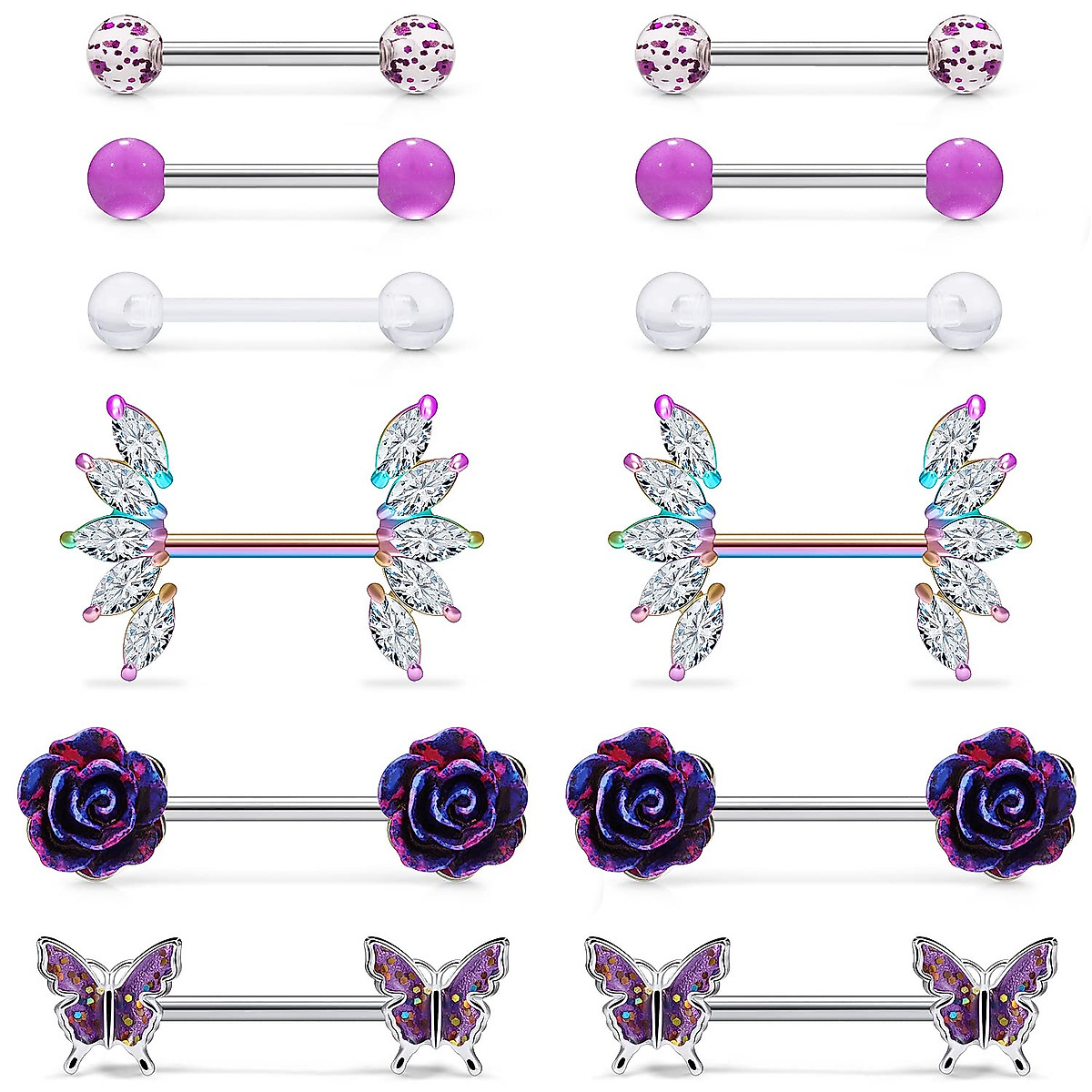 Kadogohno Nipple Rings for Women Nipple Piercing Jewelry 14G Green Rainbow Butterfly Nipple Rings Surgical Steel Screw Nipplerings Nipple Shield Ring Barbell Body Piercing Jewelry Set 9/16 Inch 14mm