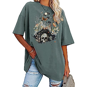 Women Oversized Skull Shirts Skeleton Floral Graphic Loose Tshirts Halloween Teen Girls Baggy Trendy Top
