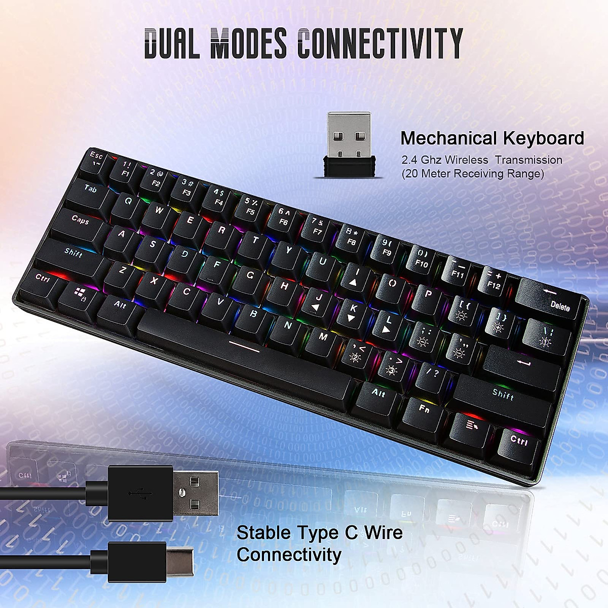 60% Wireless Wired Gaming Keyboard - 60 Percent Compact 61 Key Mini Mechanical Keyboard with RGB Backlit, Include 2.4Ghz USB Receiver and USB C Cable,Blue Switch for Desktop, Computer and PC