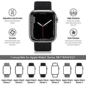 Nylon Sport Band Compatible with Apple Watch Band 38mm 40mm 41mm 42mm 44mm 45mm, Adjustable Breathable Women Men Braided Strap Compatible for iWatch Series 9/8/7/6/5/4/3/2 SE Dark Black A