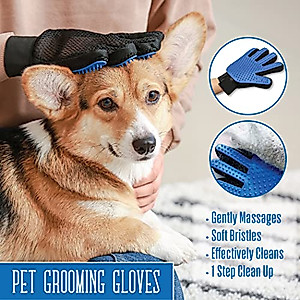 Pets First Dog Grooming Gloves Best Professional Deshedding, Brushing, Cleaning Mitt Tool for Small, Medium or Large Dogs & Cats. Fur & Hair Remover. Prevents Matted Coats. Soft Rubber Bristle Brush
