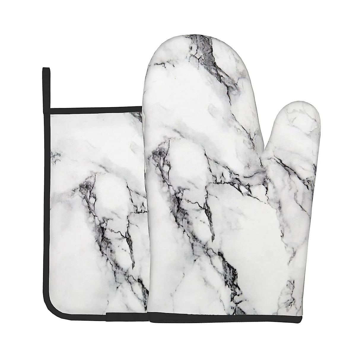 Simple White Marble Stone Funny Oven Mitt and Pot Holders Set Heat Resistant for Kitchen Cooking Baking Grilling Waterproof Non-Slip Thick Oven Gloves